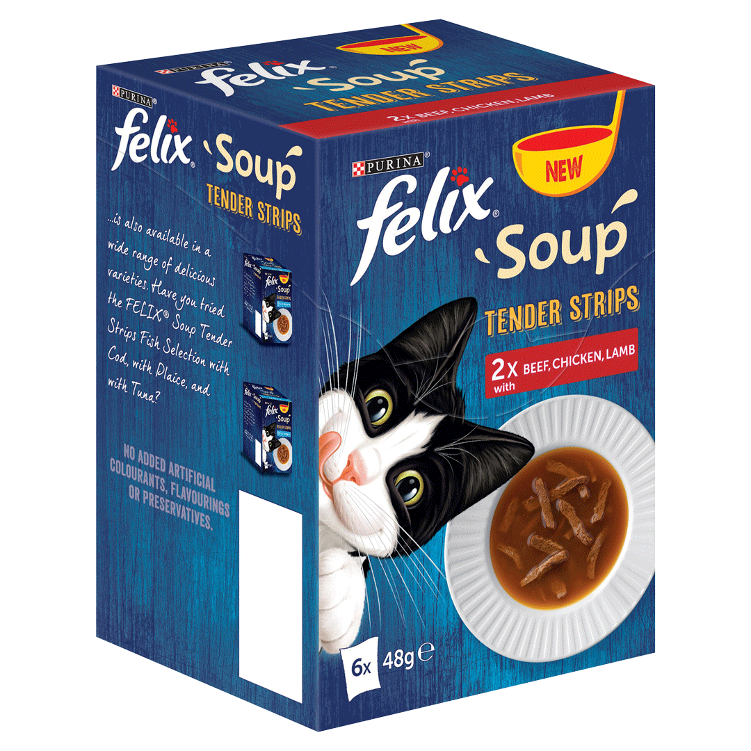 FELIX® Soup Tender Strips with Beef, Chicken & Lamb | Purina